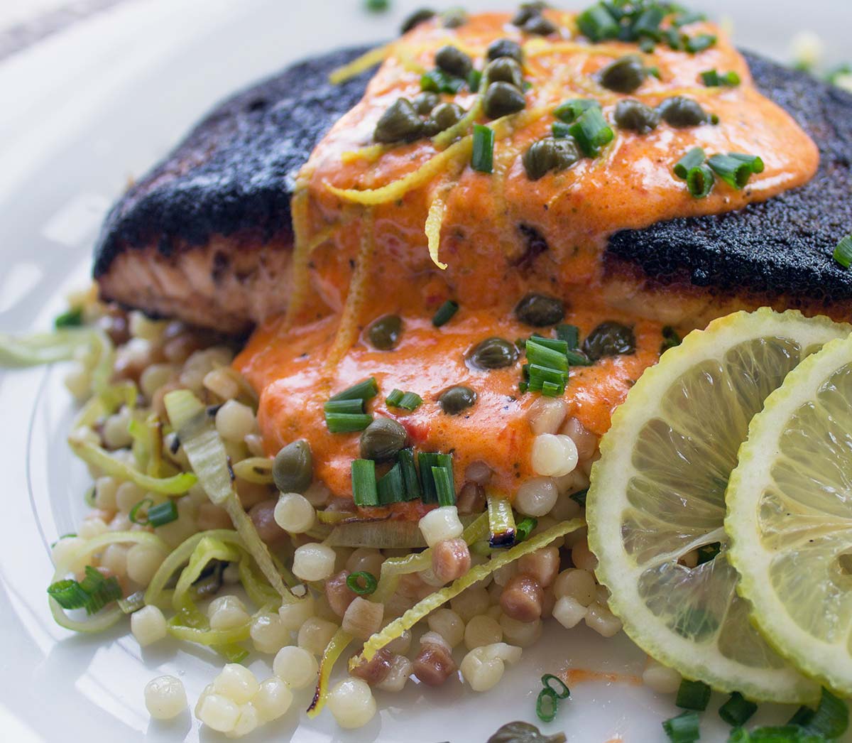 Blackened Salmon on a Bed of Toasted Fregola - Armanino Foodservice